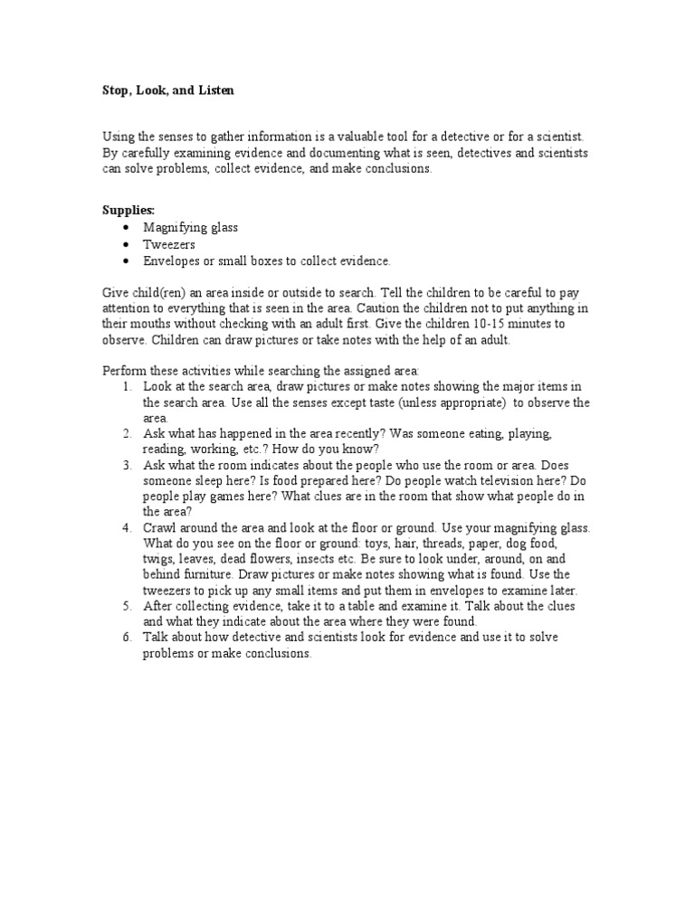 Stop Look and Listen Observation Activity | PDF
