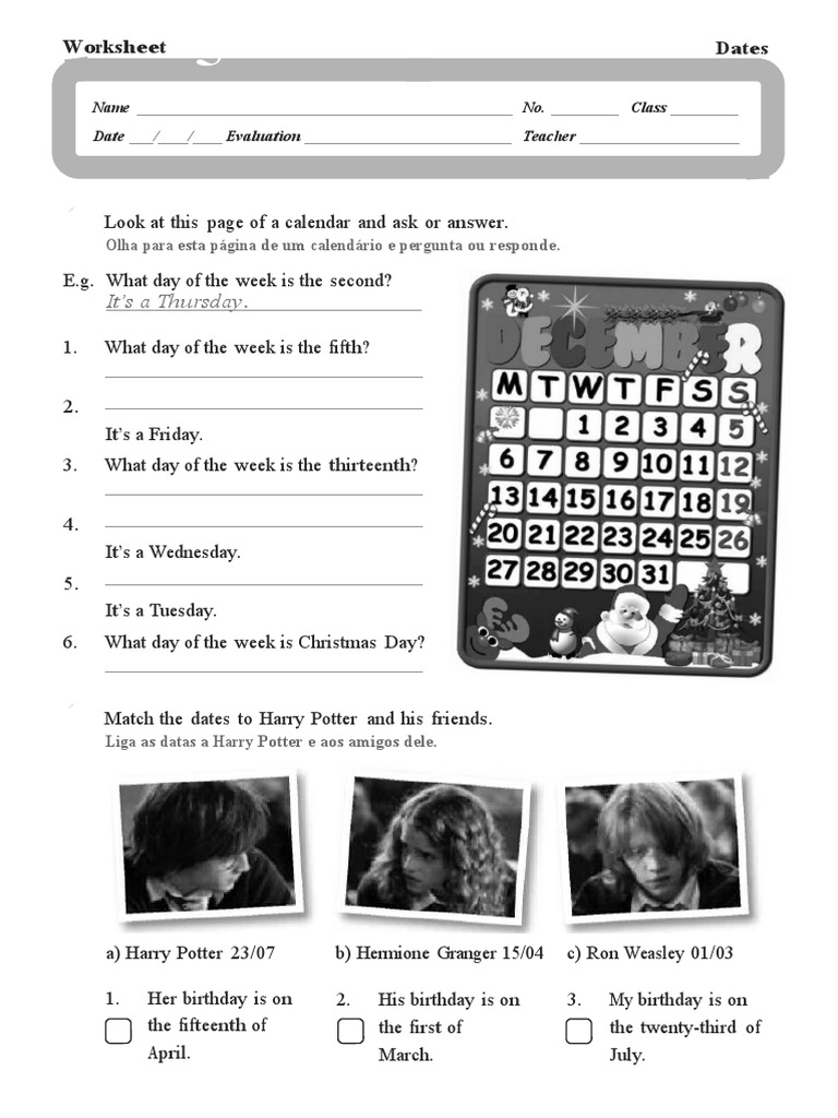 Calendar Dates Worksheet for Students | PDF | J. K. Rowling | Fantasy ...
