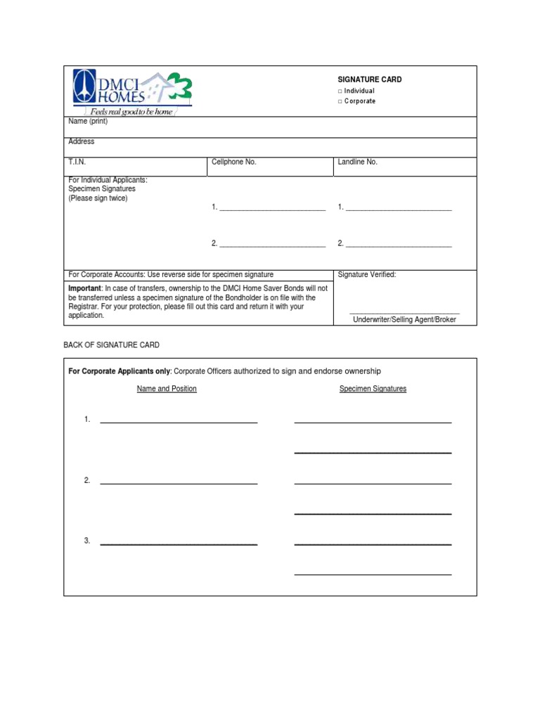 DMCI HS Bonds - Signature Card | PDF