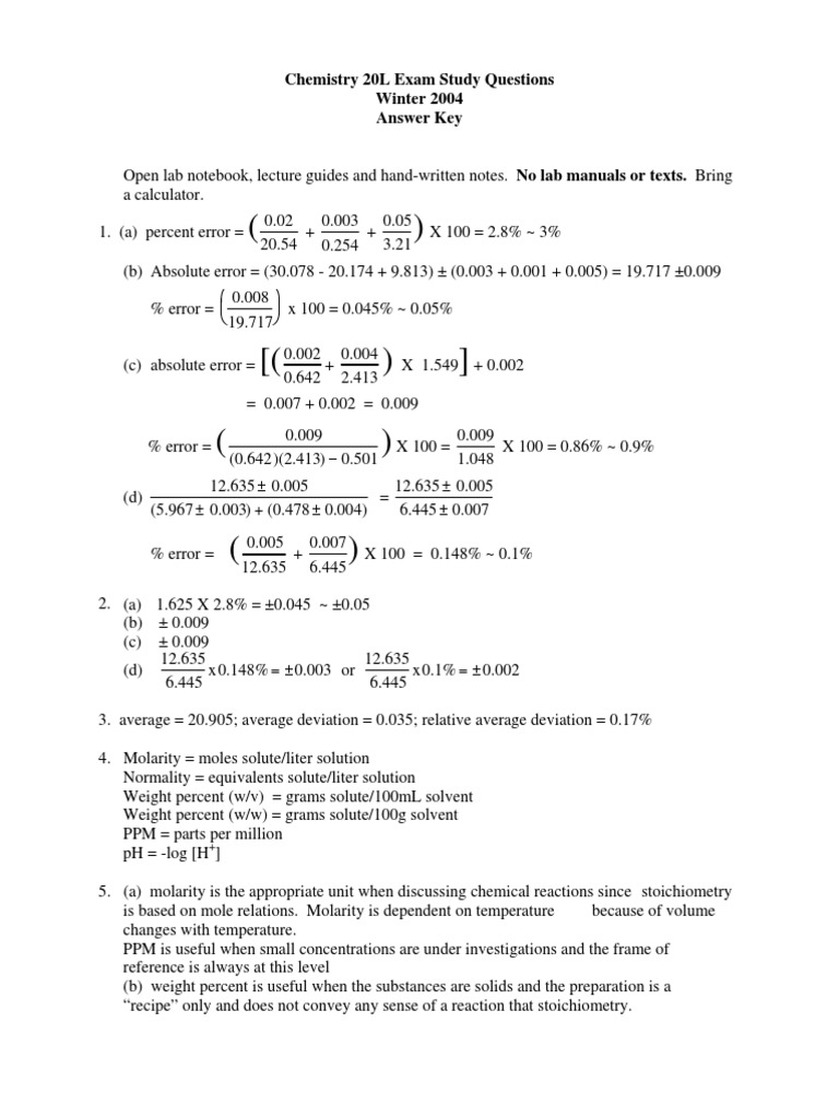 Chemistry 20L Exam Study Guide | PDF | Mass Concentration (Chemistry ...