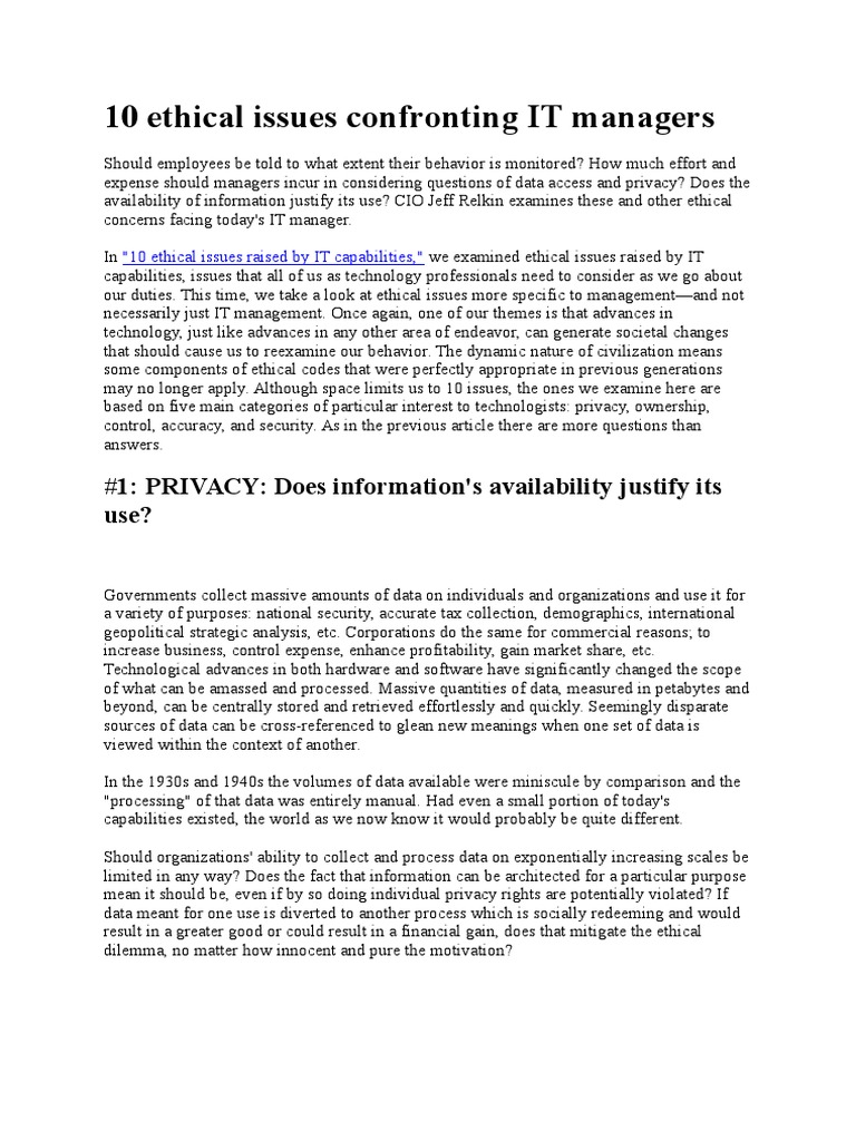 10 Ethical Issues Confronting IT Managers | Download Free PDF | Non ...