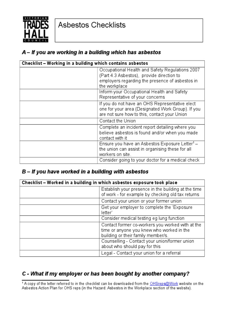Asbestos Checklists: A - If You Are Working in A Building Which Has ...