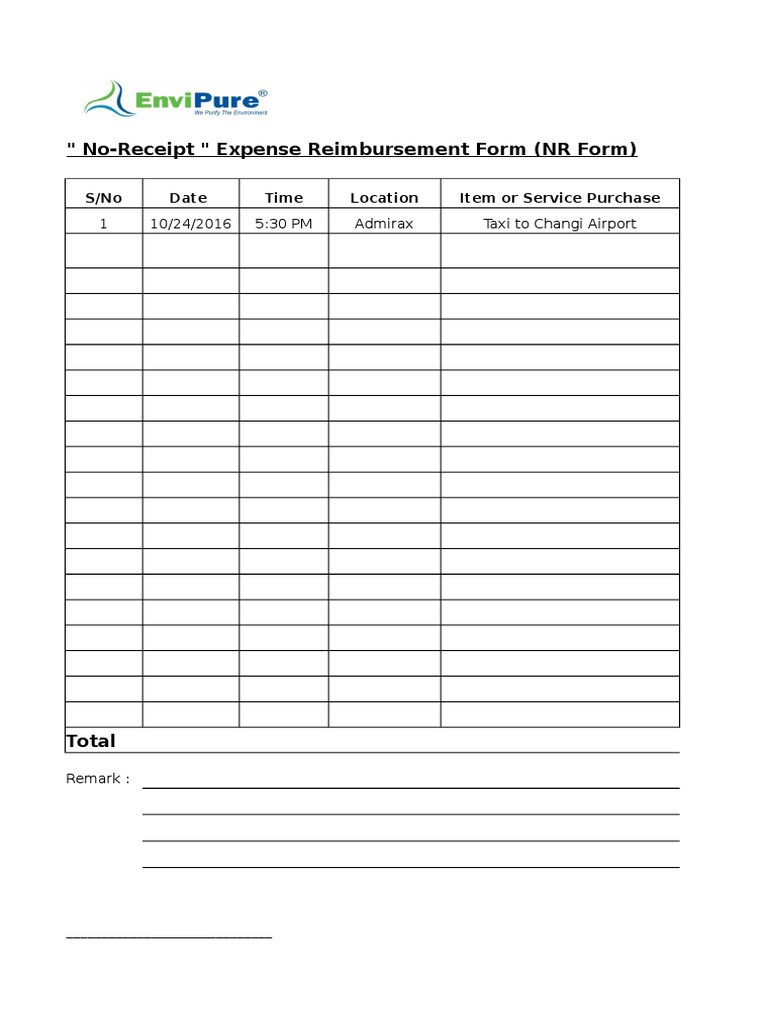 " No-Receipt " Expense Reimbursement Form (NR Form) : S/No Date Time ...
