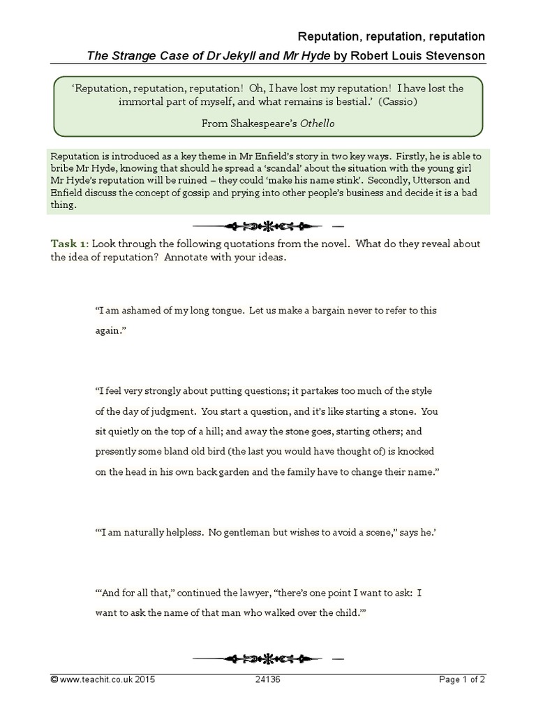 Reputation in Dr Jekyll and Mr Hyde | PDF