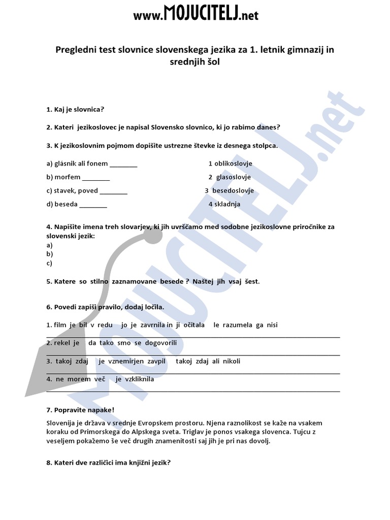 Pregledni Test Slovnice Slovenskega Jezika Za 1. Letnik Gimnazij in ...