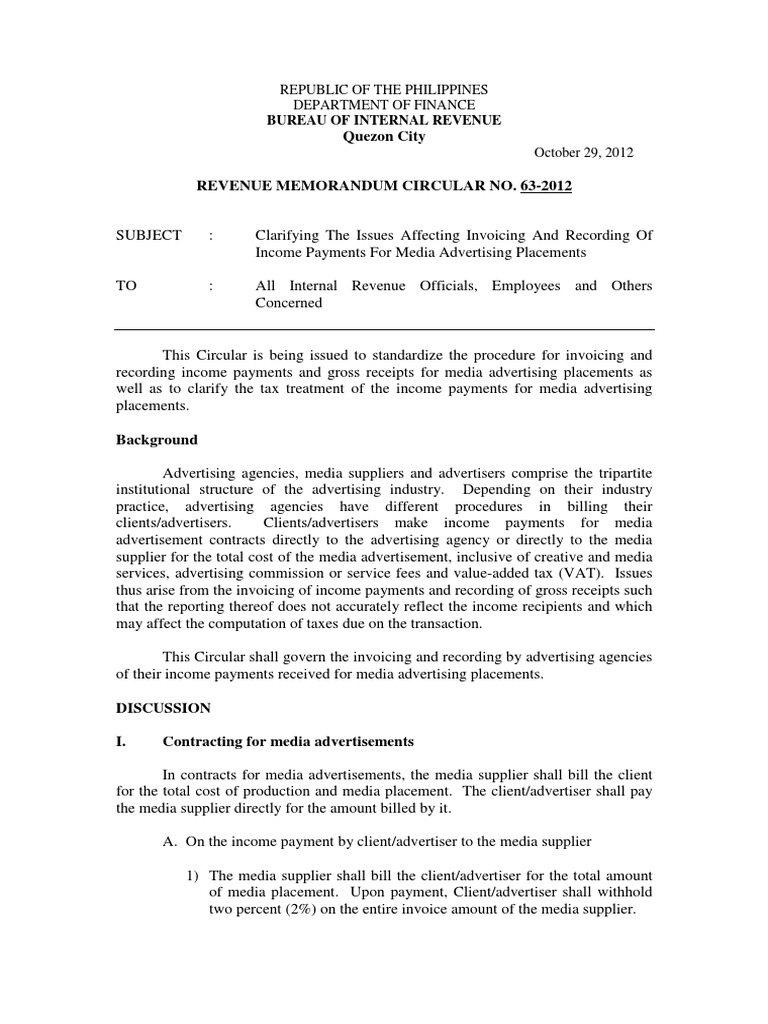 RMC No 63-2012 | PDF | Invoice | Debits And Credits