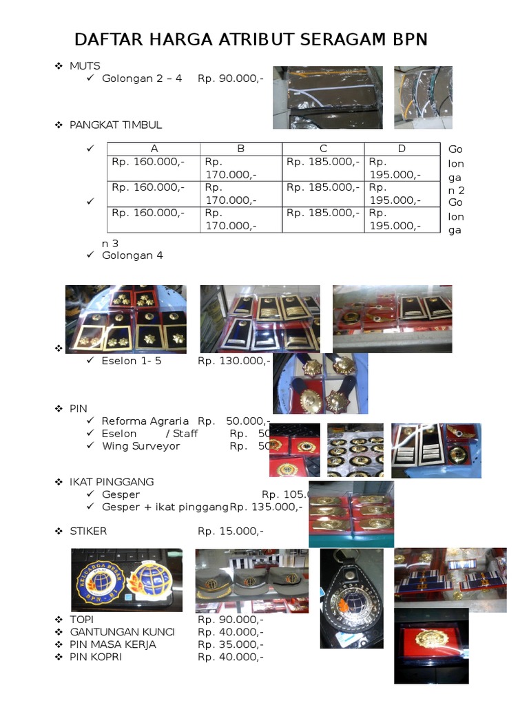 Daftar Harga Atribut Seragam BPN | PDF