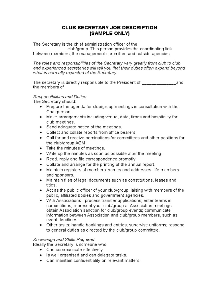 Club Secretary Job Description | PDF