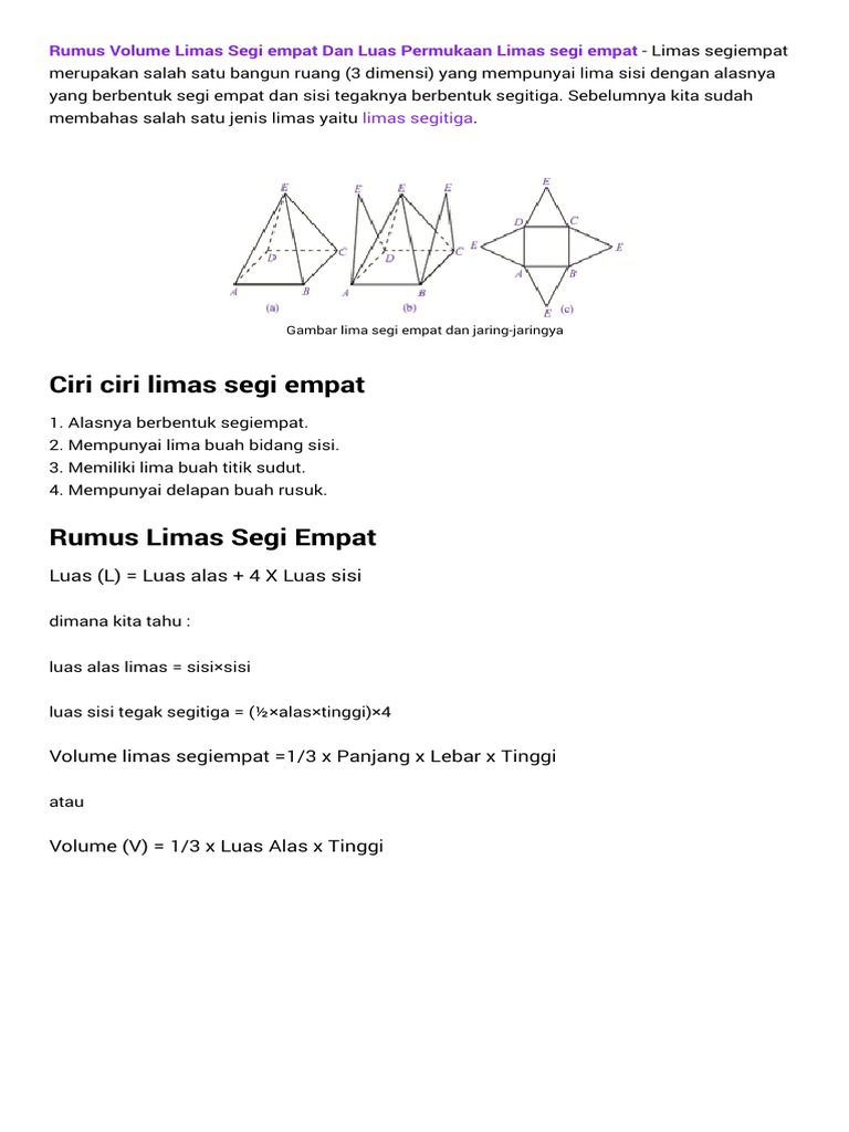 Rumus Volume Limas Segi Empat Dan Luas Permukaan Limas - Rumus ...