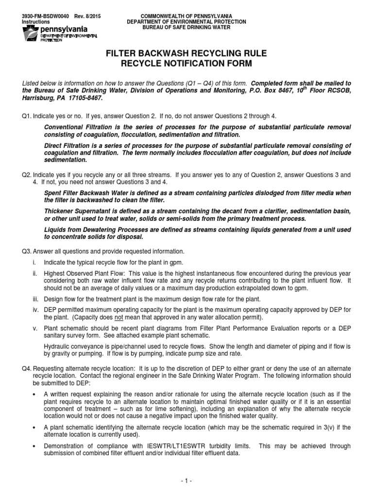 Filter Backwash Recycling Rule Recycle Notification Form | PDF | Water Purification | Filtration