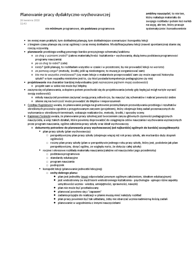 Planowanie Pracy Dydaktyczno-Wychowawczej | PDF
