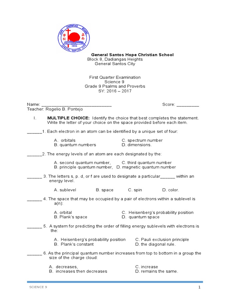 First Quarter Science 9final | PDF | Periodic Table | Photosynthesis