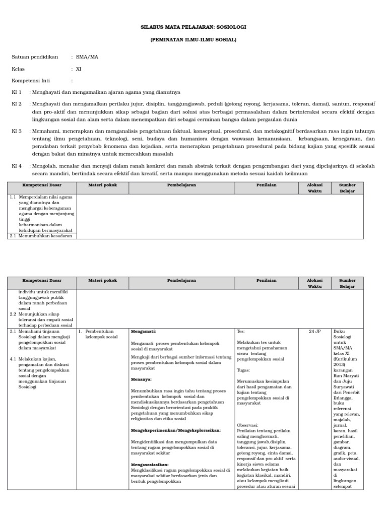 Silabus Sosiologi Kelas Xi | PDF