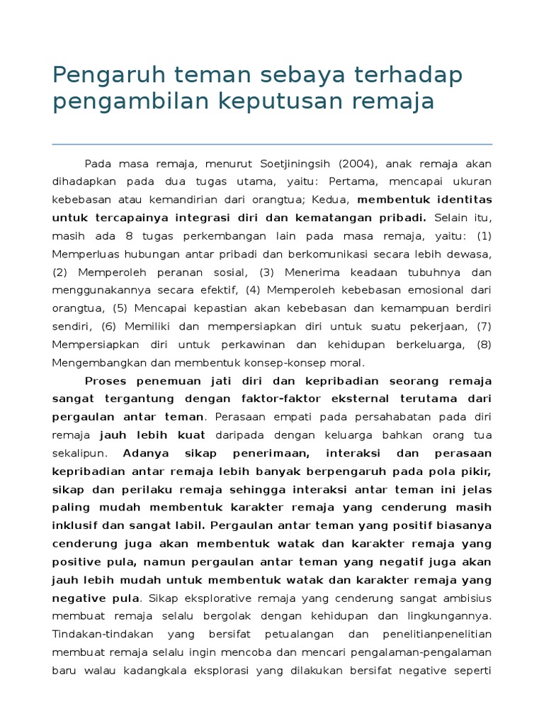 Pengaruh Teman Sebaya Terhadap Pengambilan Keputusan Remaja | PDF