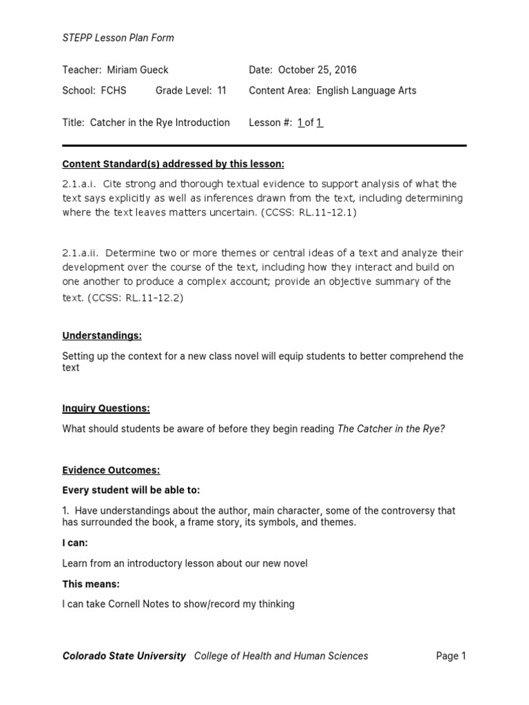 Introduction to The Catcher in the Rye | PDF | Lesson Plan | Reading ...