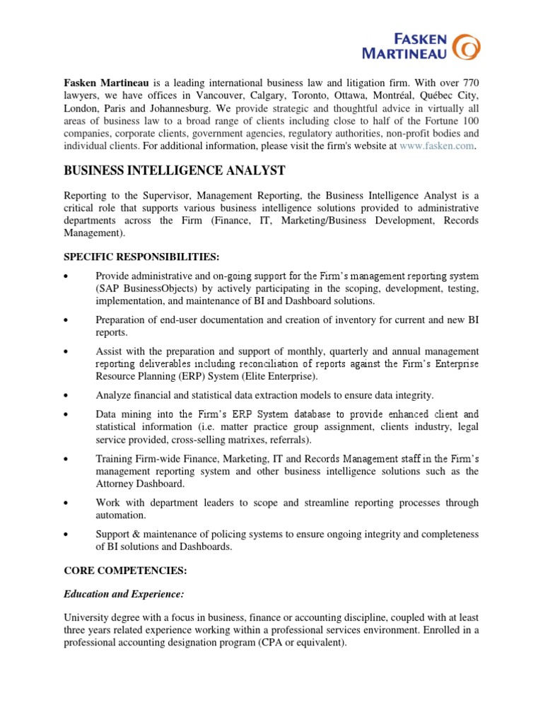 Business Intelligence Analyst | PDF | Business Intelligence | Enterprise Resource Planning