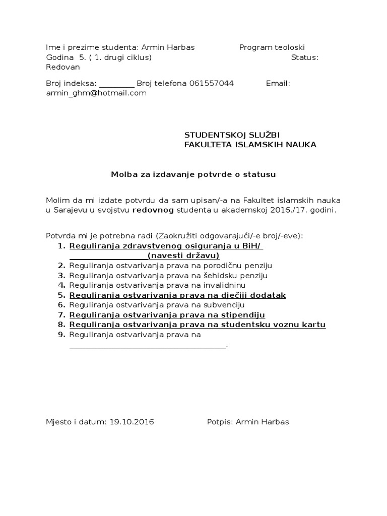 MOLBA - Obrazac Za Potvrde | PDF