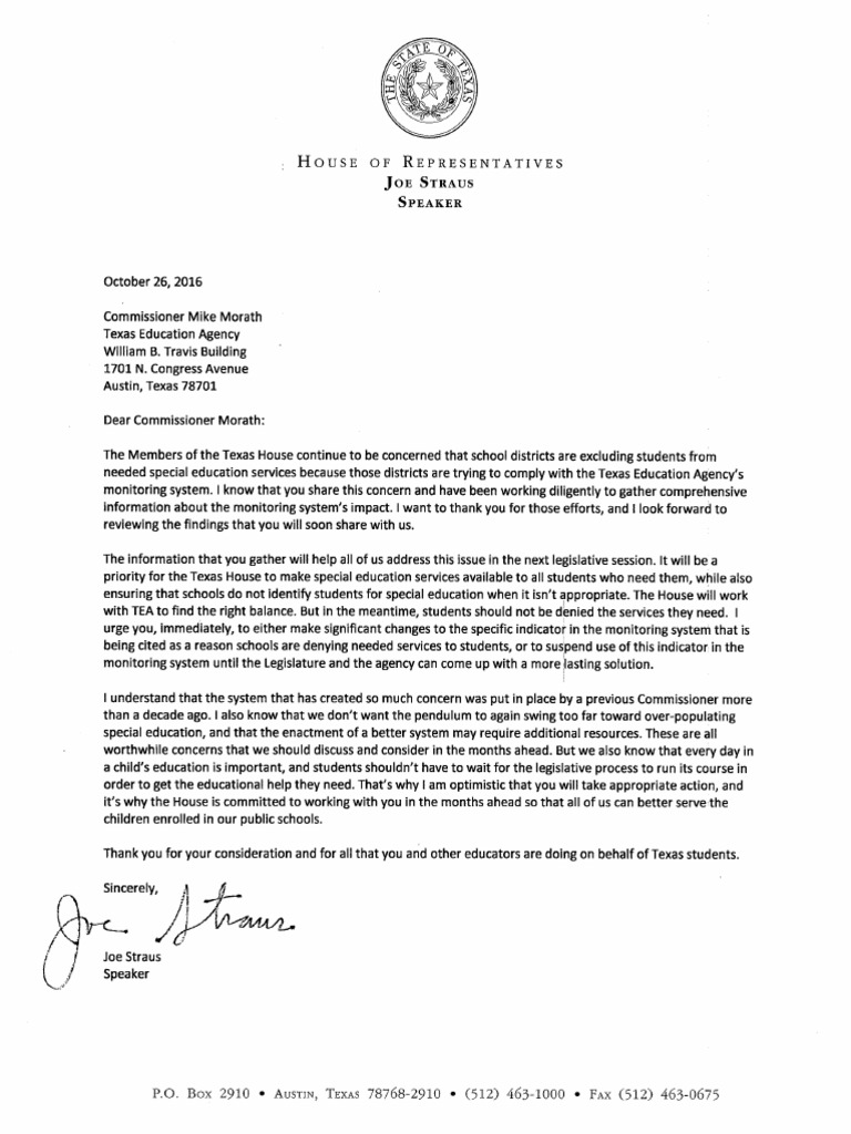 Straus Letter To Mike Morath, TEA Commissioner 102616 | PDF
