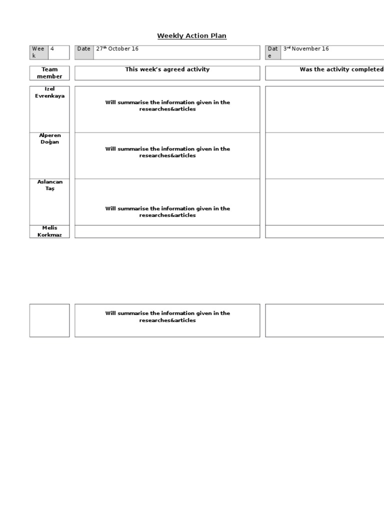 Weekly Team Action Plan Summary | PDF | Social Science