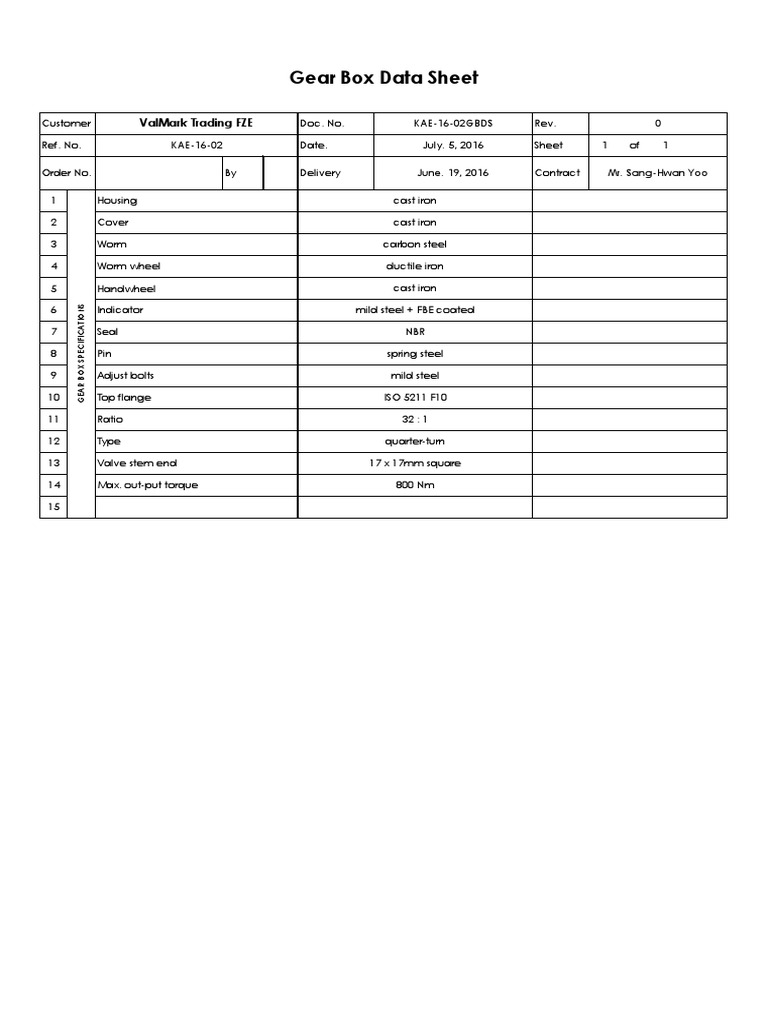 Gear Box Data Sheet | PDF