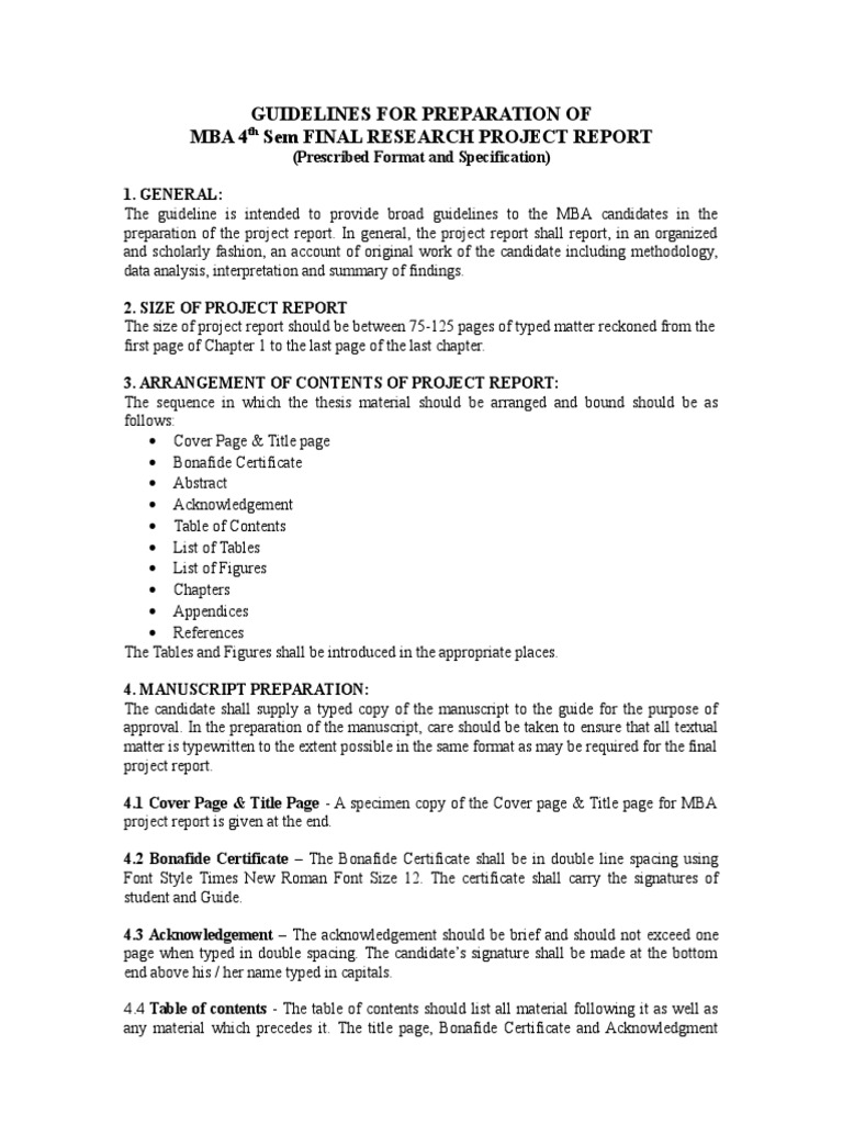 Guidelines For Preparation of Mba 4 Sem Final Research Project Report | PDF