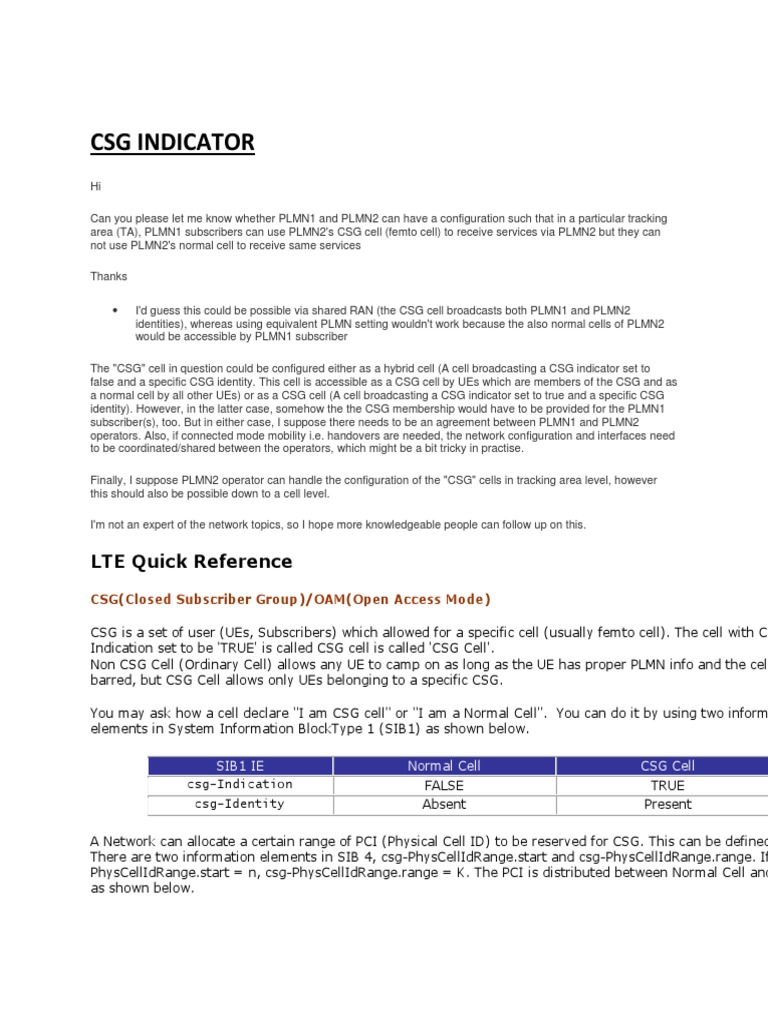 CSG Indicator: LTE Quick Reference | PDF