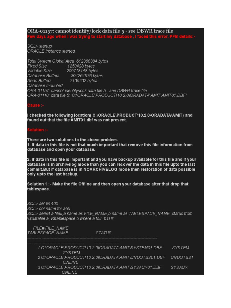 Ora 01157 Cannot Identifylock Data File | PDF | Oracle Database | Backup