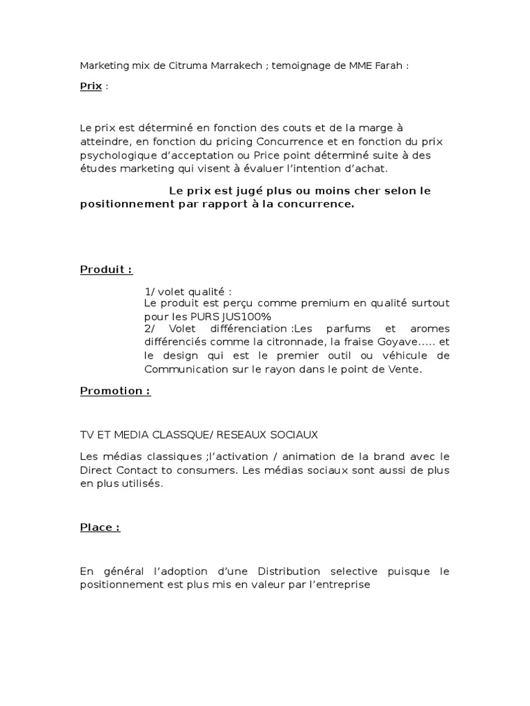 Marketing Mix de Citruma Marrakech | PDF | Publicité | Consommateurs
