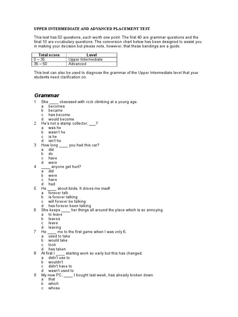 Upper Intermediate and Advanced Test | PDF