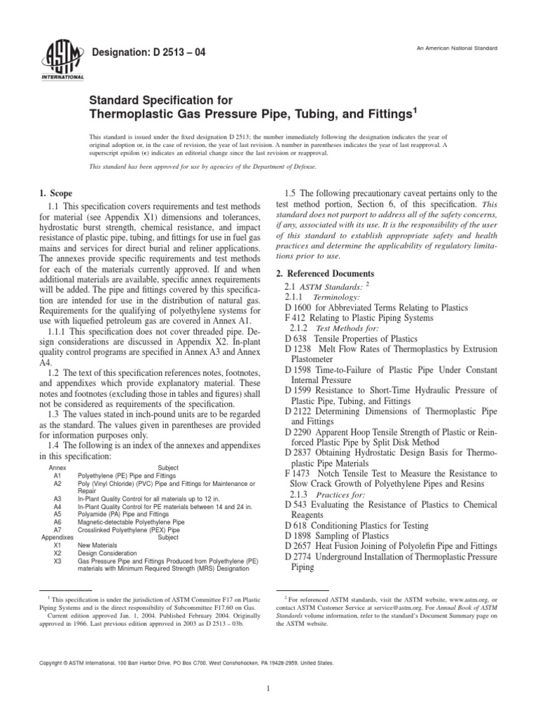 ASTM D-2513 - 04 Thermoplastic Gas Pressure Pipe, Tubing, and Fittings ...