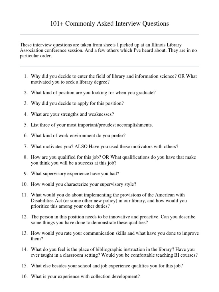 101 Commonly Asked Interview Questions | PDF | Library Science | Librarian