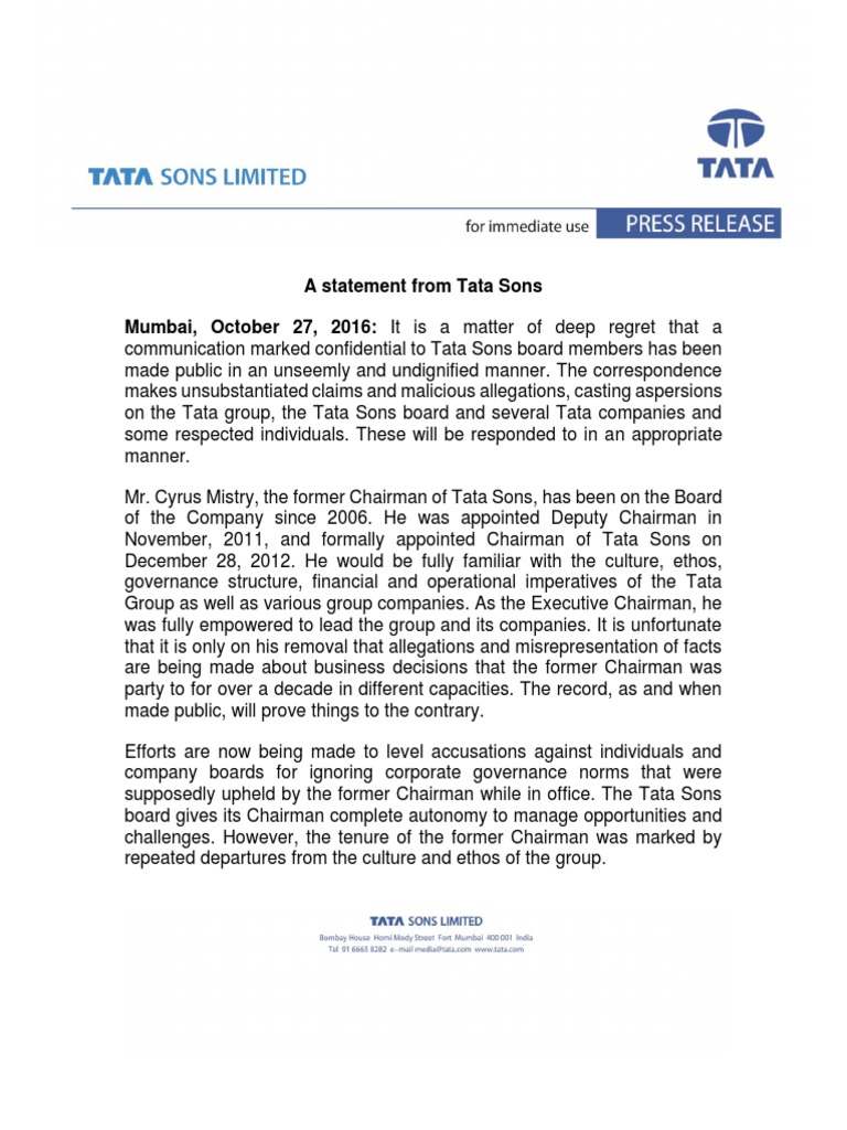 Tata Sons Press Release | Board Of Directors | Social Institutions