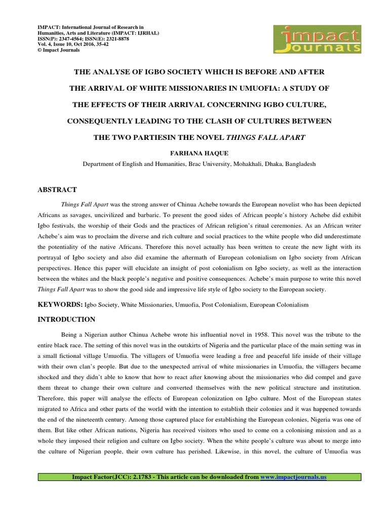 THE ANALYSE OF IGBO SOCIETY WHICH IS BEFORE AND AFTER THE ARRIVAL OF ...