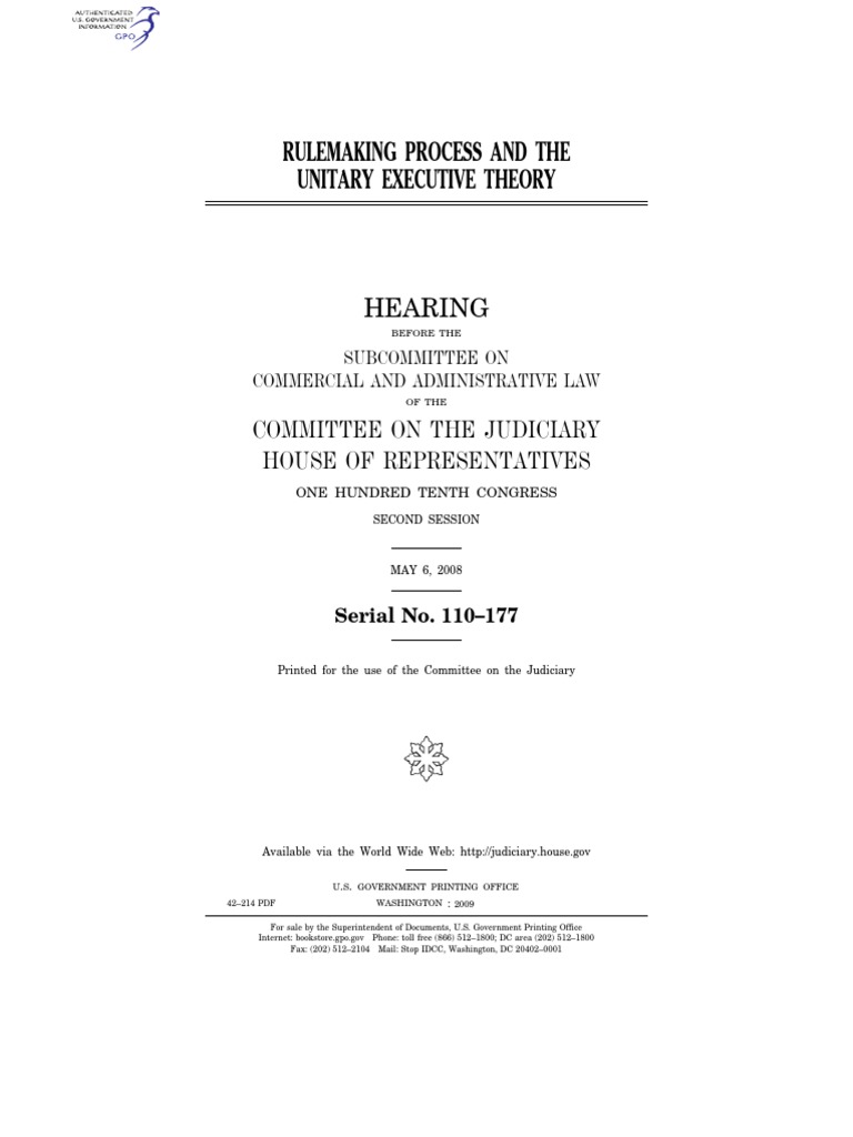 Rulemaking Process and The Unitary Executive Theory: Hearing | PDF ...