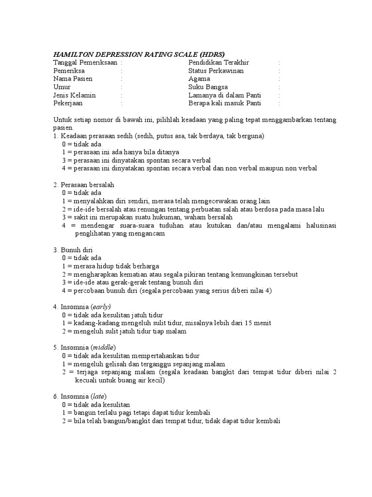 Hamilton Depression Rating Scale (Hdrs)