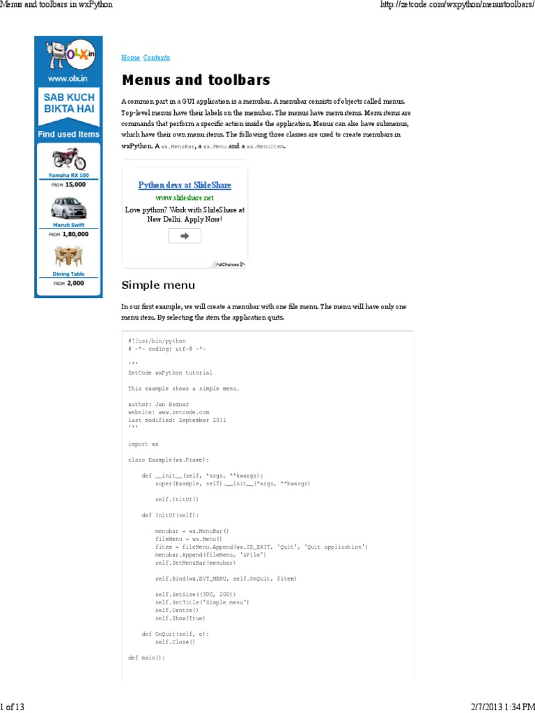 3.menus and Toolbars in WxPython | PDF | Menu (Computing) | System Software