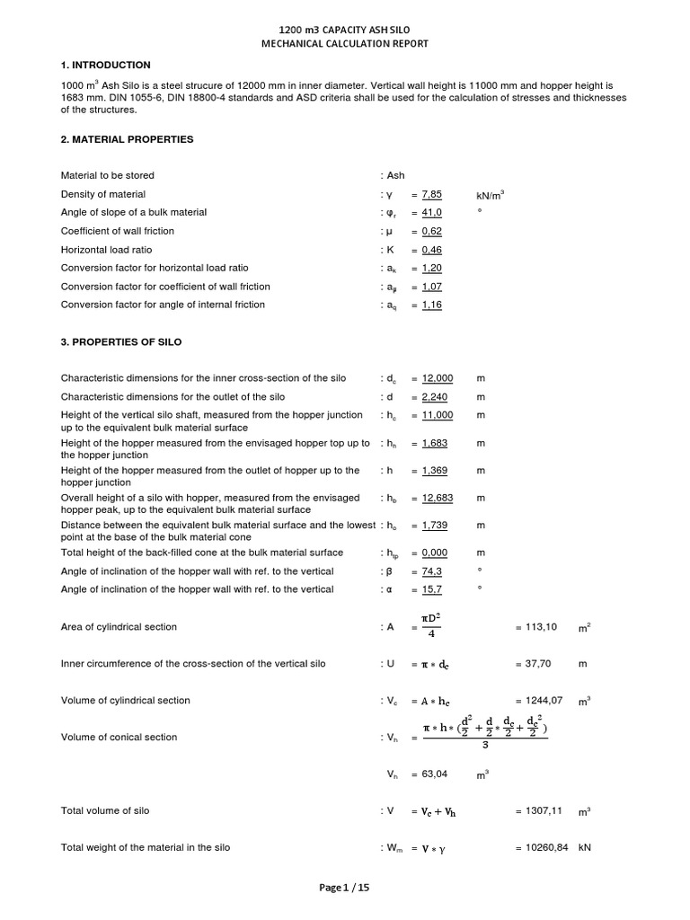 1000 m3 Ash Silo Calculation Report | PDF | Friction | Strength Of ...