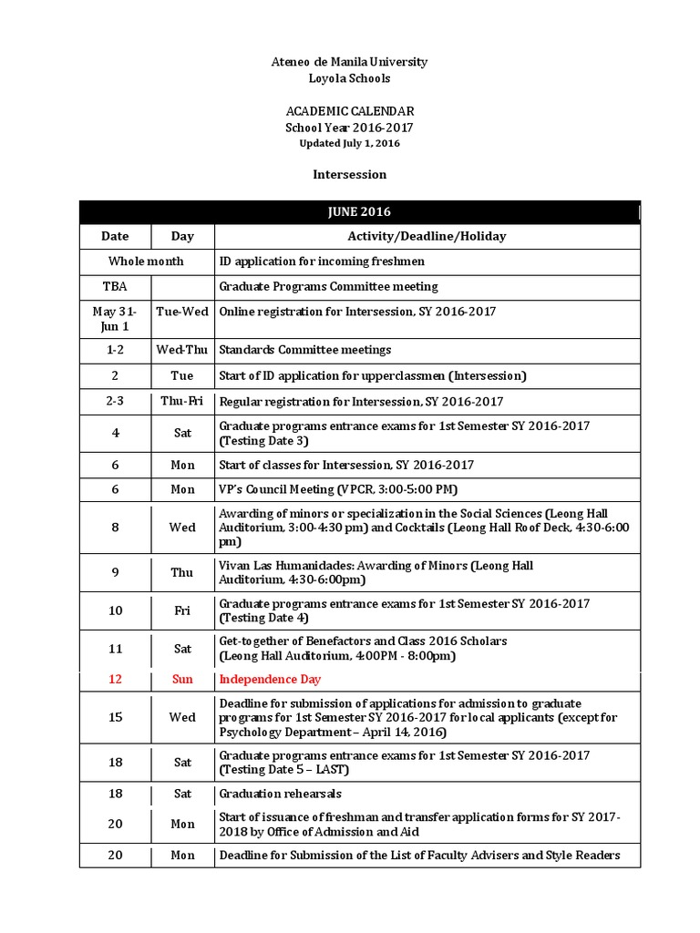 Ateneo Academic Calendar 2016-2017 | PDF | Thesis | Graduate School