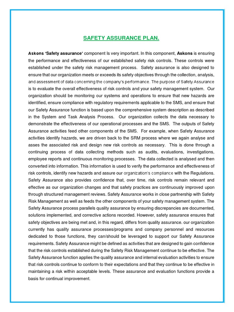 Safety Assurance Plan | PDF | Quality Assurance | Safety