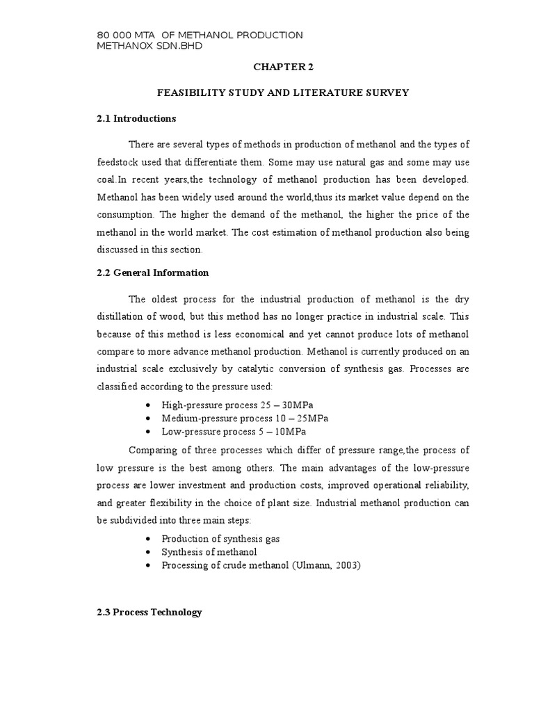 Chapter 2 Feasibility Study and Literature Survey | Natural Gas | Methanol