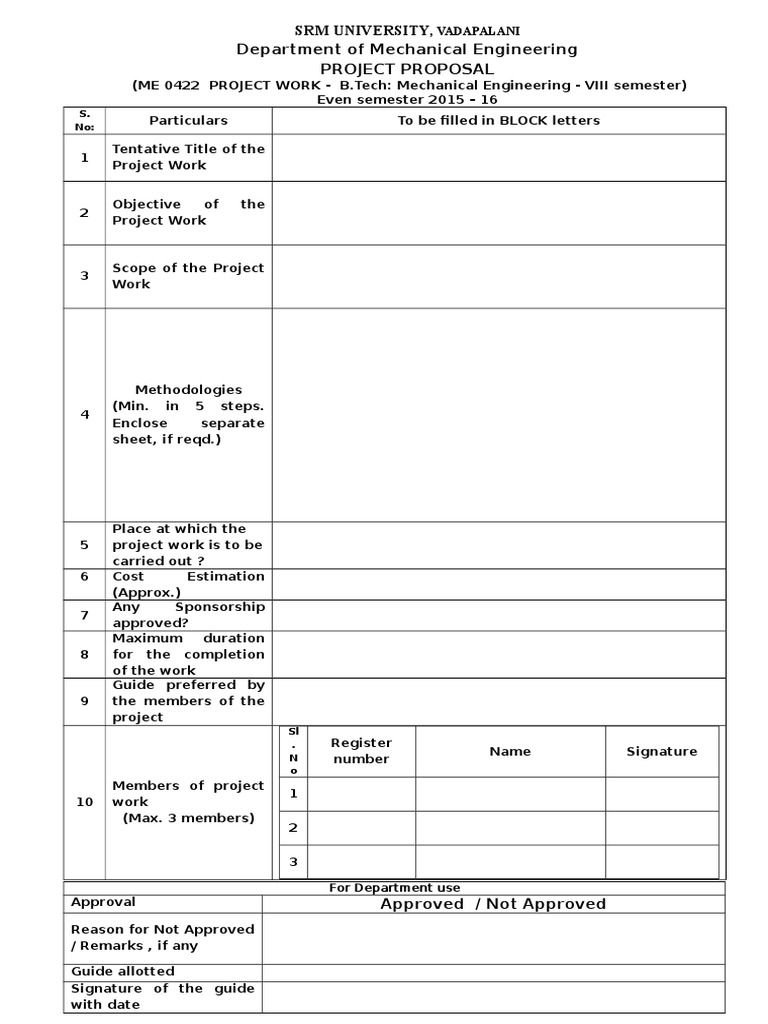 SRM University, Department of Mechanical Engineering Project Proposal | PDF