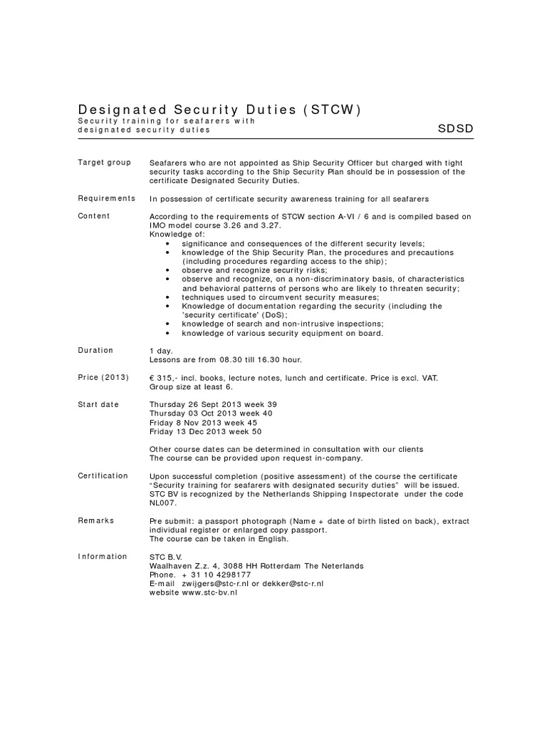 SDSD Training for Seafarers Certificate | PDF