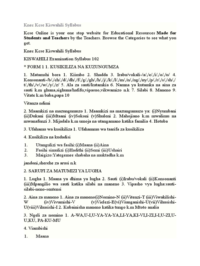 Knec Kcse Kiswahili Syllabus | PDF