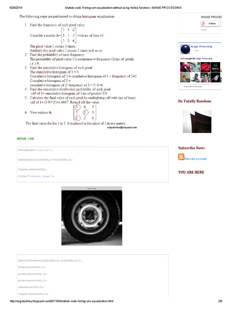 Matlab Code Histogram Equalization Without Using Histeq Function PDF | PDF | Histogram | Signal ...