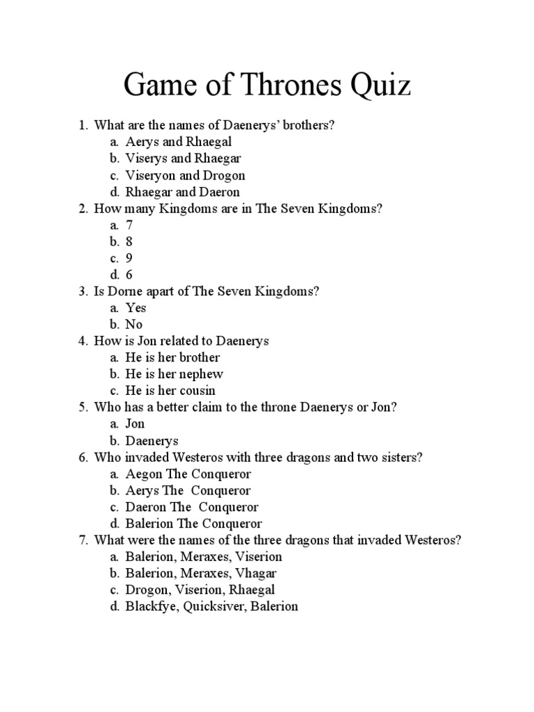 Game of Thrones Quiz | PDF | World Of A Song Of Ice And Fire | American ...
