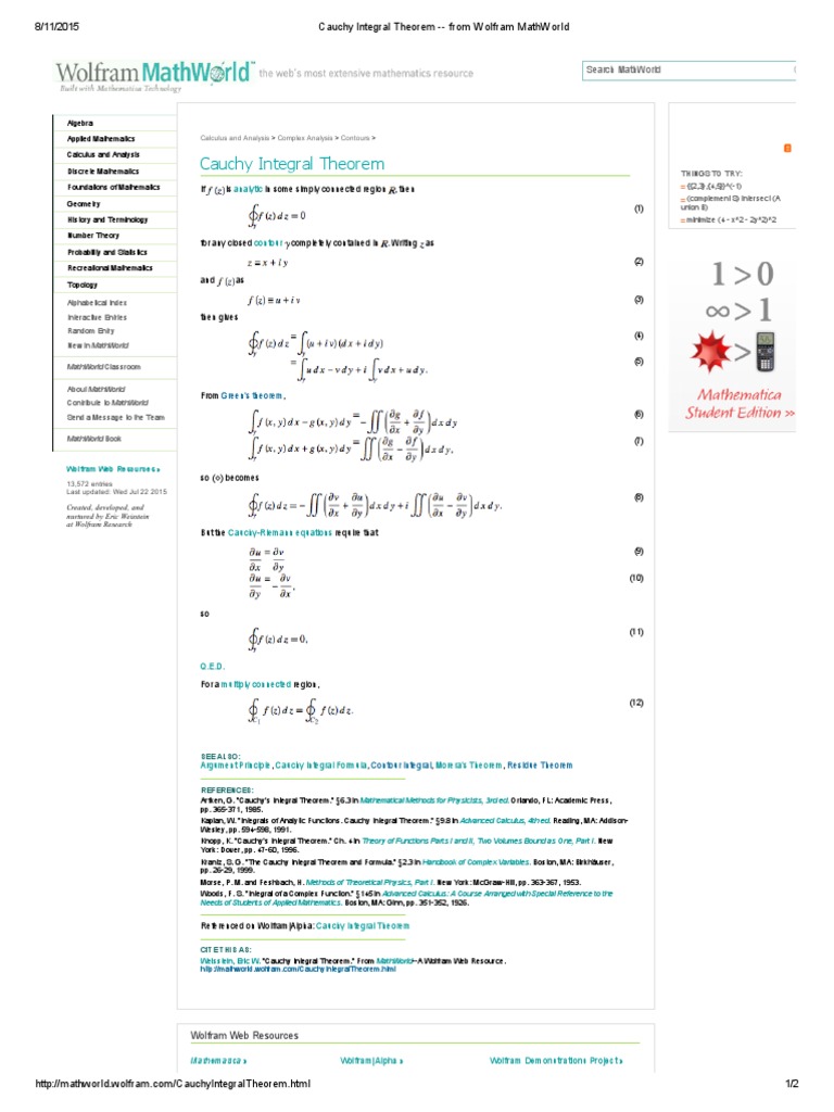 Cauchy Integral Theorem - From Wolfram MathWorld | PDF | Integral ...