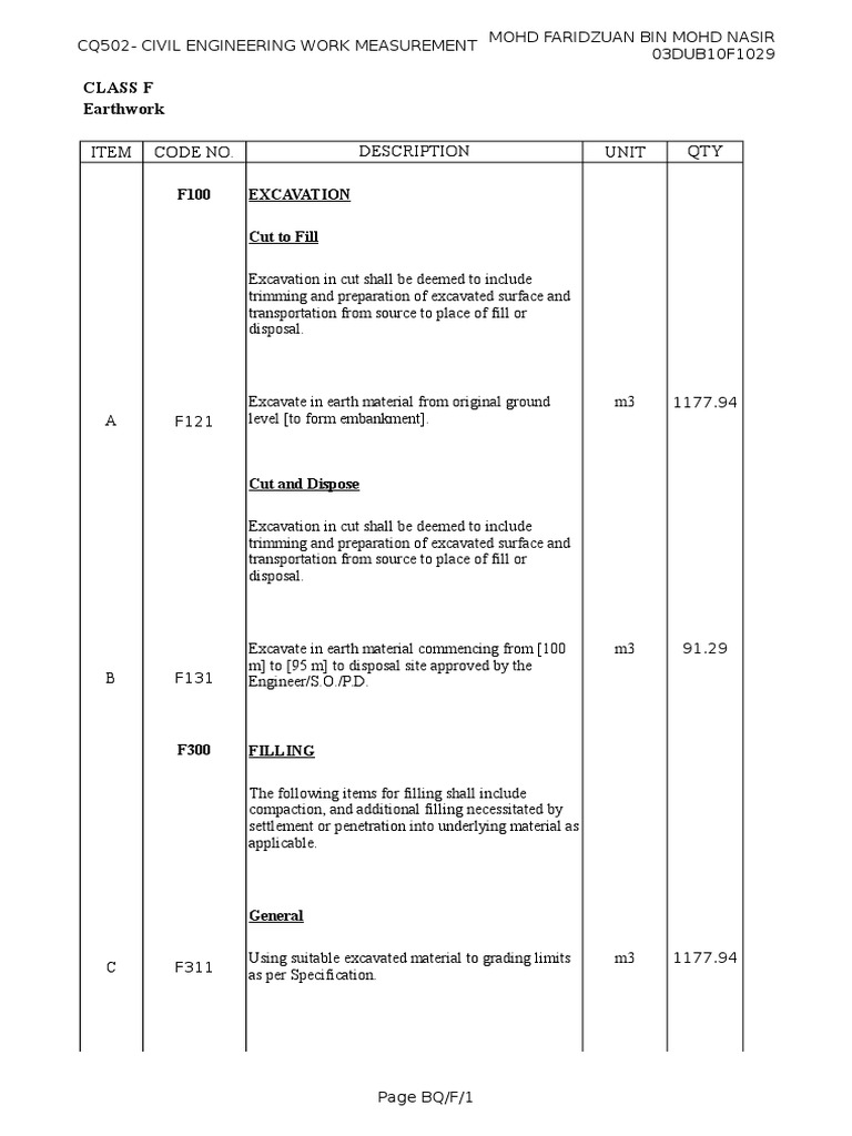 BQ Class F - Earthwork | PDF | Technology & Engineering