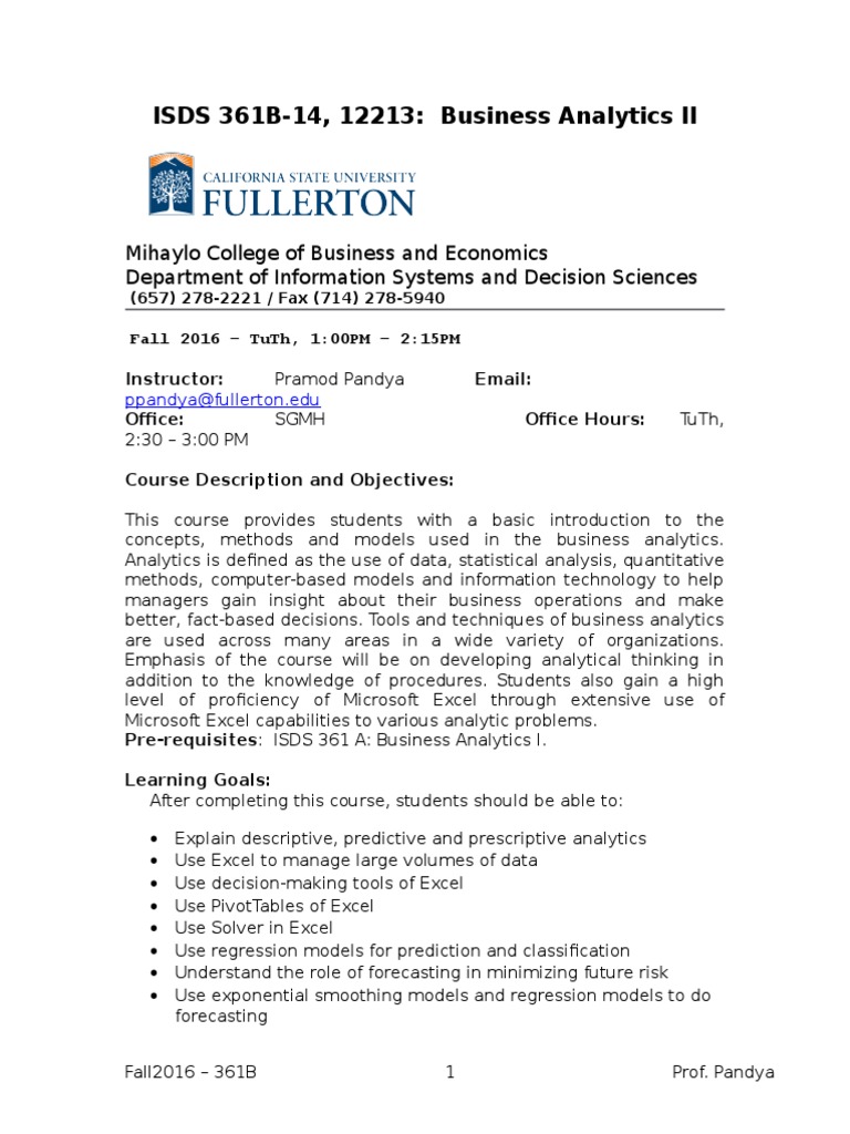 ISDS 361B - Fall2016 - 14 | PDF | Analytics | Regression Analysis