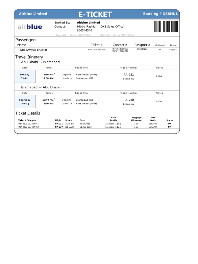 Airblue Ticket | PDF | Ticket (Admission) | Aviation