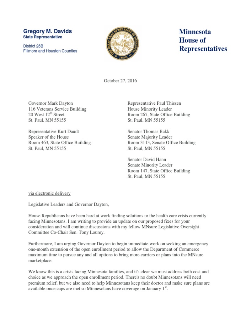 Rep. Davids Letter To Governor Dayton and Legislative Leaders | PDF ...